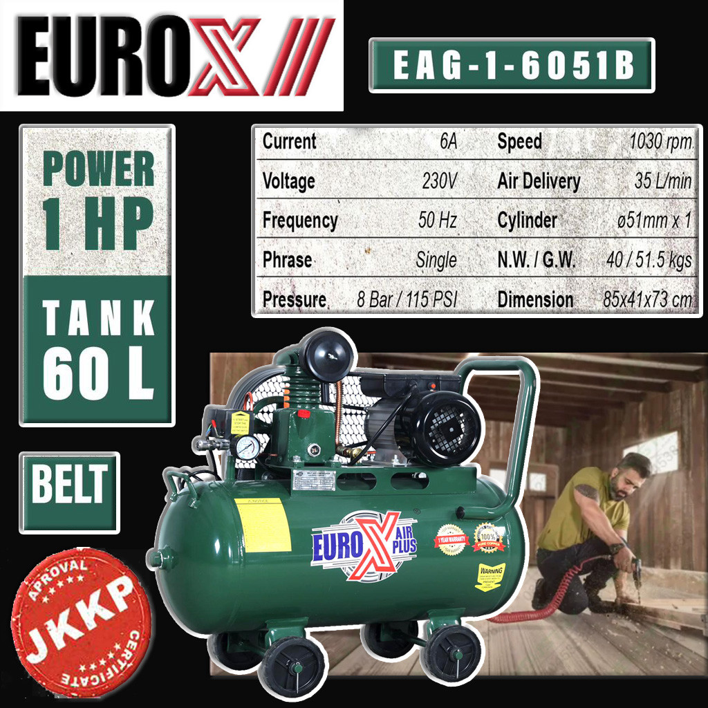 EUROX AIR PLUS AIR COMPRESSOR 1HP/60L/8 BAR /EAG-1-6051B - Heavy Duty with JKKP Cert | Shopee ...