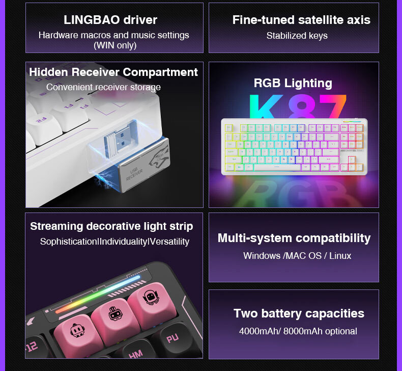 LINGBAO K87 PRO Gaming Wireless RGB Light Guide Hot-Swap Gasket E-Sport Customisable Mechanical ...
