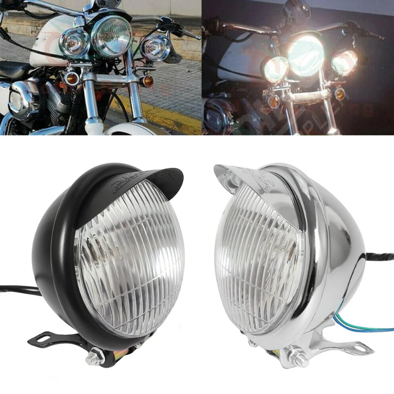 5.5" Motorcycle Headlight Front Round Visor Light Lamp Black/ Chrome ...