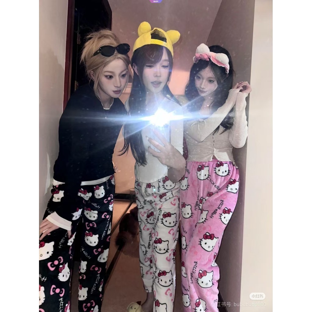 Flannel Cute Sanrio Y2k Autumn Hello Kitty New Pajama Pants Cartoon Hip ...