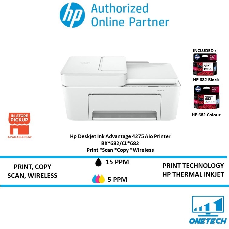 Hp Deskjet Ink Advantage 4275 Aio Printer Bk*682/Cl*682 ( Print / Scan / Copy / Wireless ...