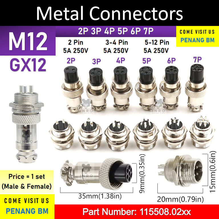 [1 set Male + Female] GX12 M12 Aviation Connector Socket, 16mm Metal ...
