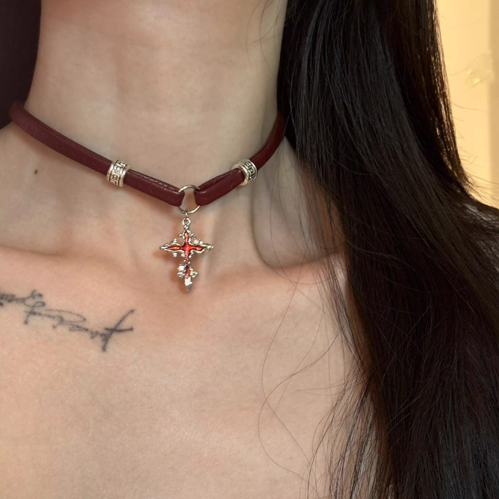 Vintage Wine Red Leather Cross Necklaces for Women Leopard Print Kitten ...