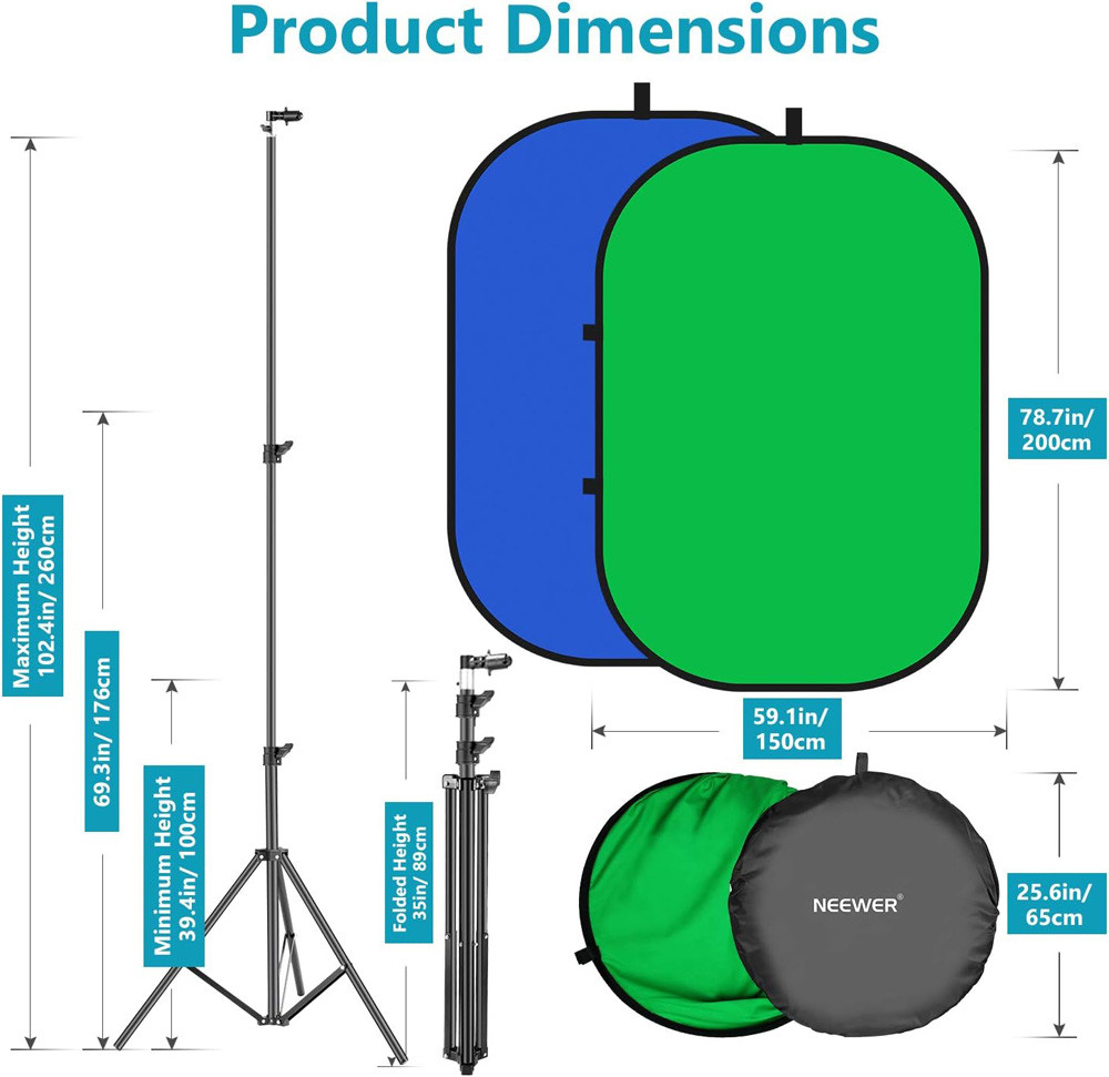 NEEWER 5x7ft/1.5x2m Chromakey Foldable Backdrop with Stand 8.5ft/2.6m ...