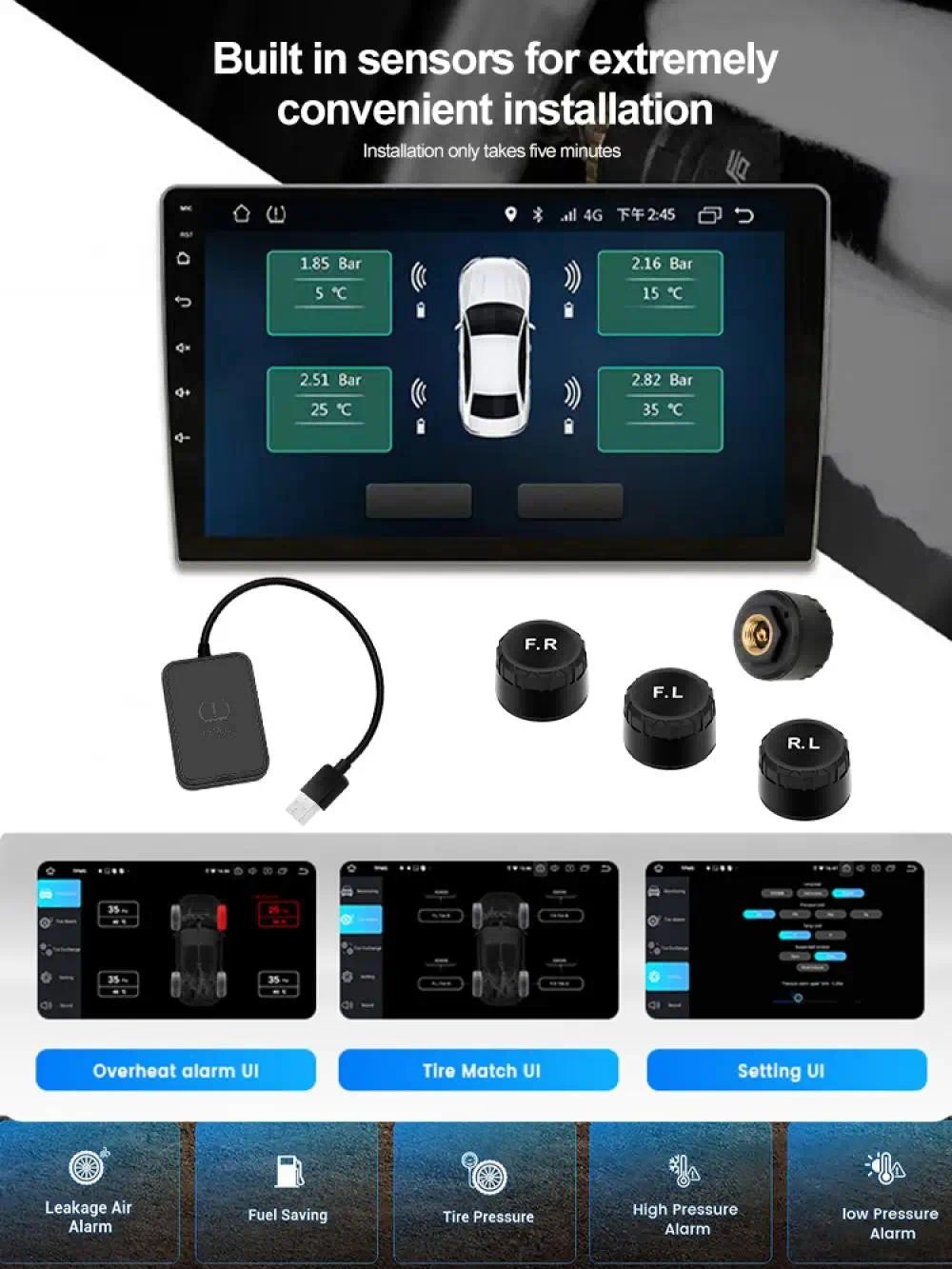 USB Android Car TPMS Wireless Transmission Tire Pressure Monitoring ...