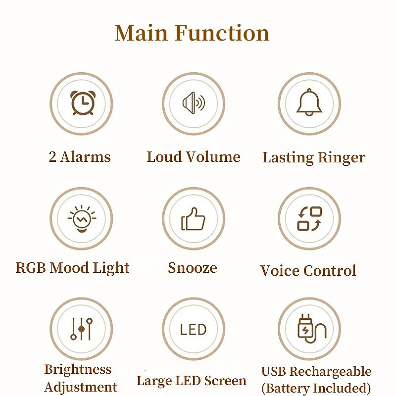 Rechargeble Alarm Clock RGB Mood Light 2 Alarm Loud Volume Wireless Speaker 12/ Voice Control ...
