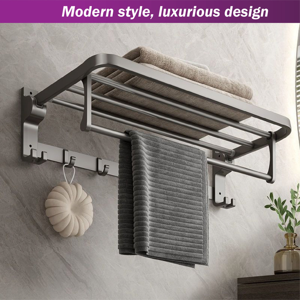 [60CM] GUN GREY Bathroom Wall Mount Foldable Towel Rack Shelf Bar ...