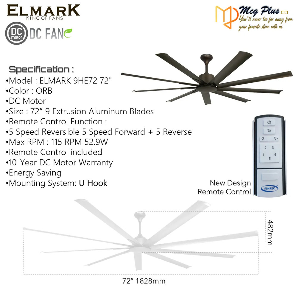 Elmark 72" DC Motor 9 Blade Remote Ceiling Fan 9HE72 ORB(C) | Shopee ...