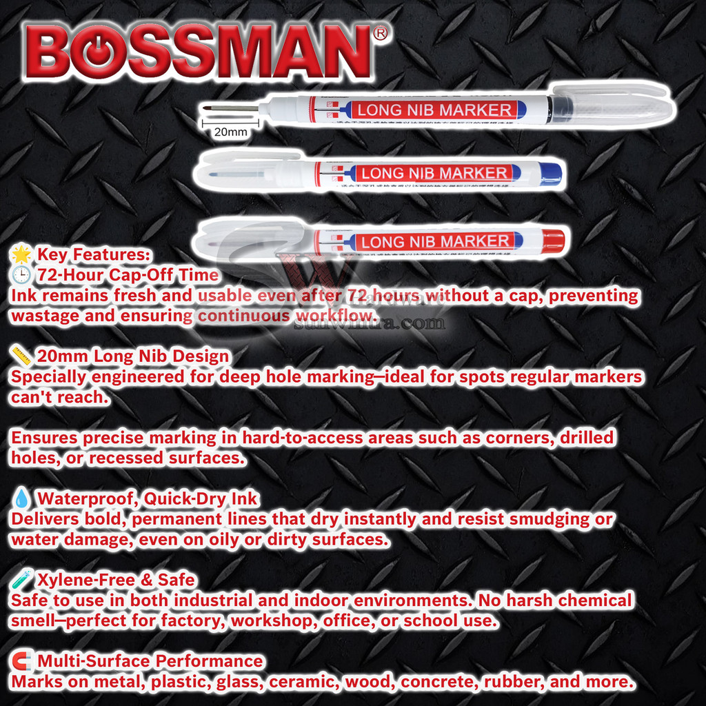 BOSSMAN HIGH QUALITY PREMIUM MARKER PEN WITH LONG NIB 20MM 72HOURS CAP ...