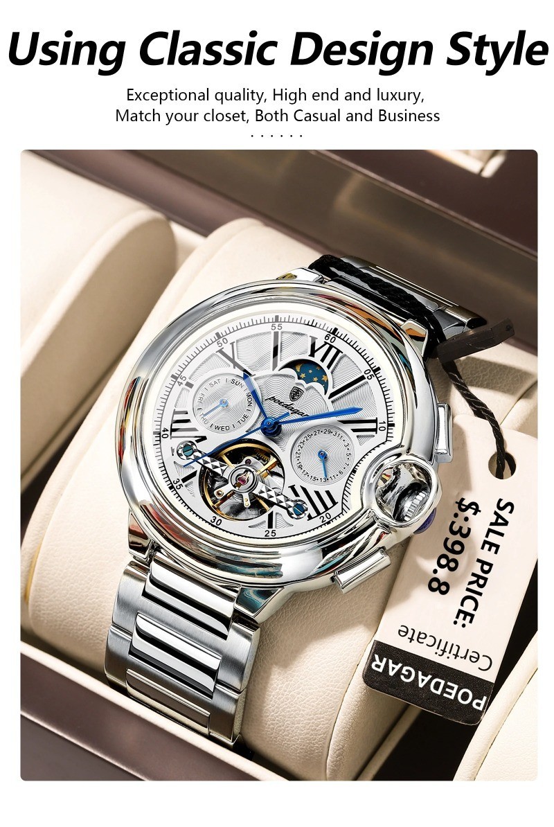 POEDAGAR Luxury Tourbillon Automatic Mechanical Waterproof Calendar ...