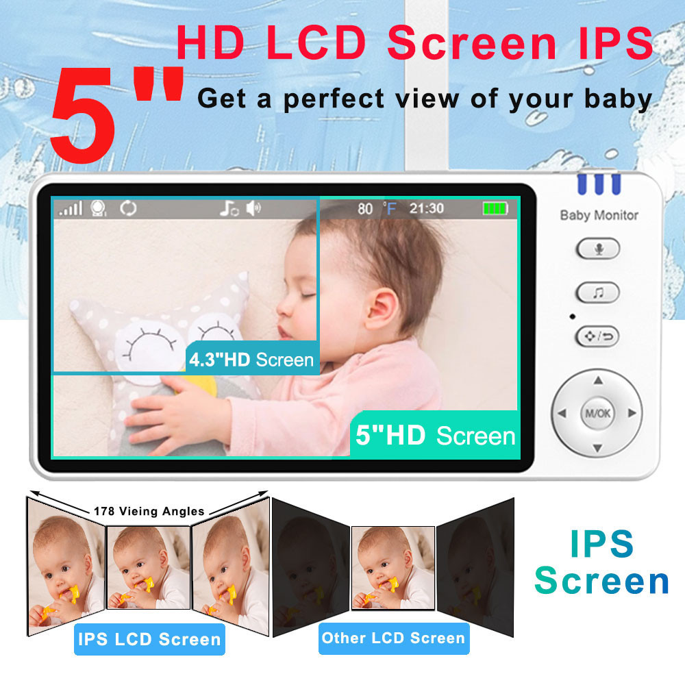 5 Inch HD Baby Monitor With Camera Two-Way Audio 3500mAh Battery ...