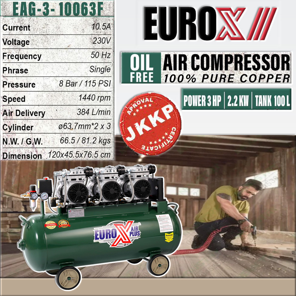 EUROX AIR PLUS AIR COMPRESSOR 3HP/2.2KW 100Litre 8bar/115psi Double piston EAG-3-10063F - Heavy ...