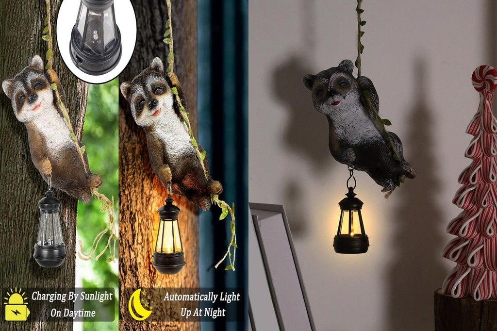 Hanging Solar Lantern for Garden Resin Raccoon Solar Light Outdoor ...