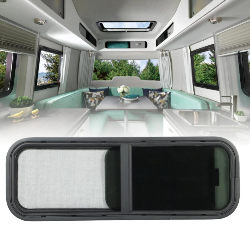 900x300mm Round Angle Sliding RV Window Black Tempered Glass Shade ...