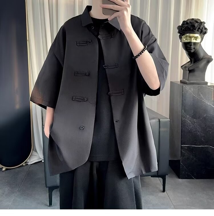 Summer ice silk buckle Hanfu men's short sleeved shirt Chinese style ...