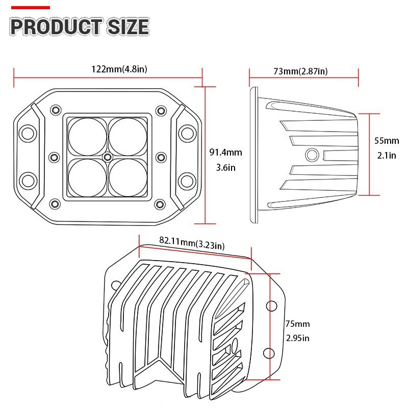 5D Lens Flush Mount LED Driving Light Square Amber Fog Lamp Flood Spot ...