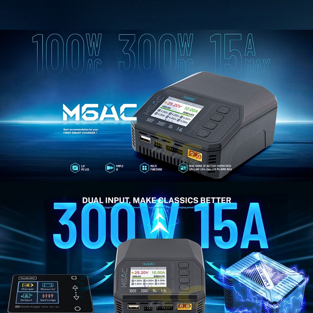 ToolkitRC M6AC Smart Balance Charger 1-6S AC 100W DC 300W 15A For Lipo LiHV LiFe NiMh LiIon ...
