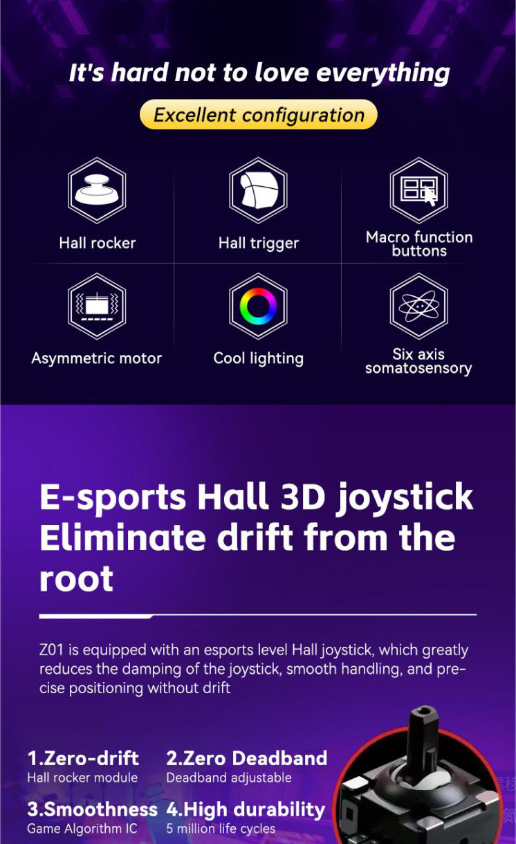 Z01 Wireless Gamepad, Bluetooth 6-axis Motion Sensor, Support Turbo Programmable Hall Stick ...