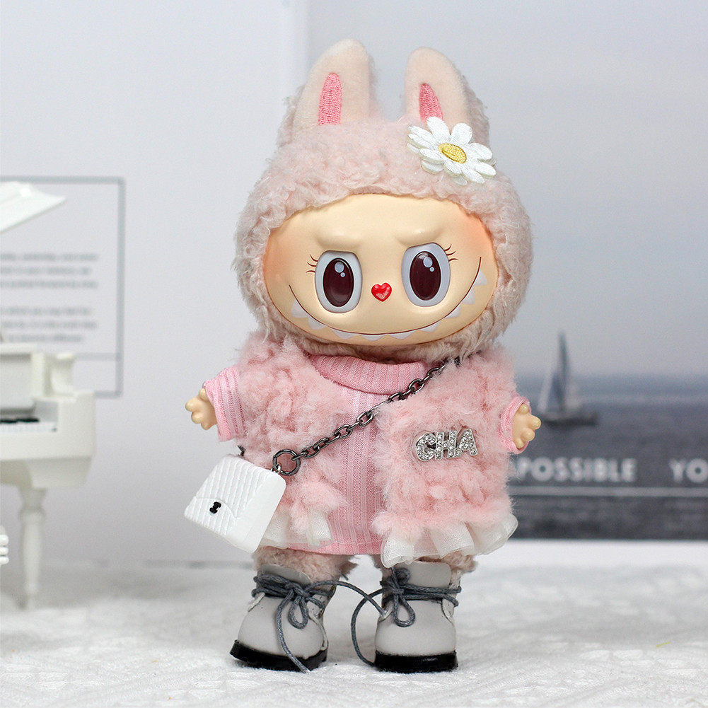 For 17cm Labubu Outfit Clothes Doll Clothes Pink Plush Coat Set Dolls ...