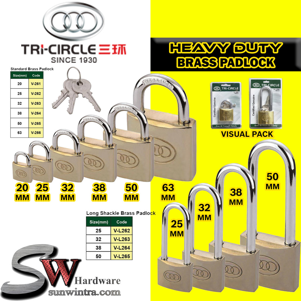 [100% ORIGINAL] TRI-CIRCLE HEAVY DUTY BRASS PADLOCK (STANDARD/LONG ...