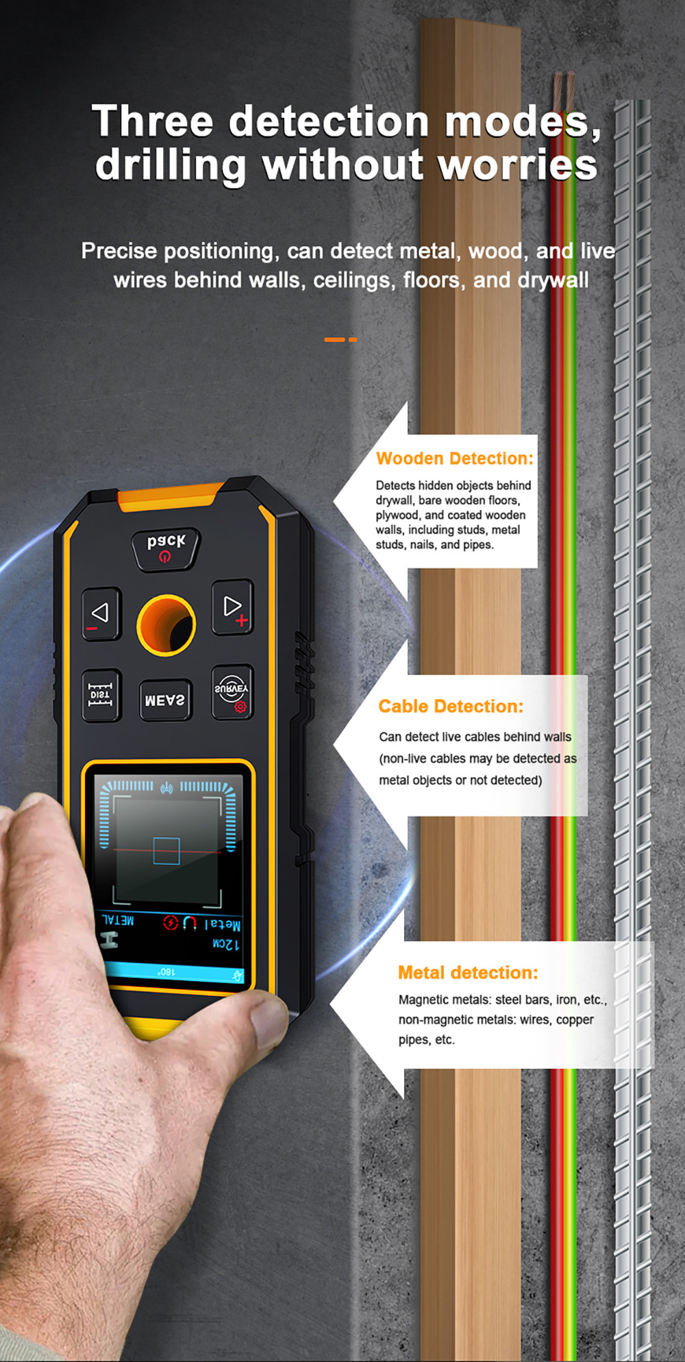 Handheld Wall Metal Detector Scanner With Positioning Hole Wooden AC ...