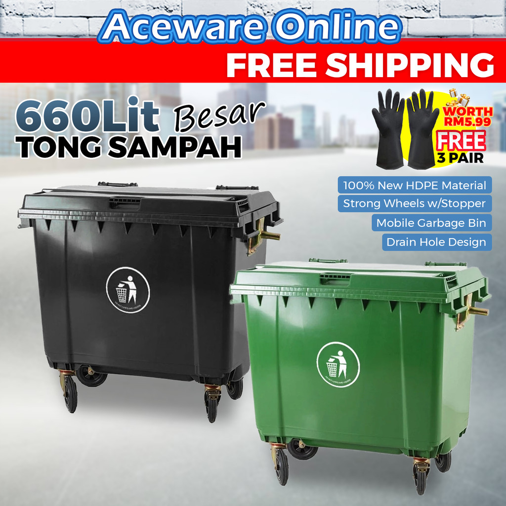660L Tong Sampah Besar Hijau Bertutup Beroda Outdoor Dustbin Wheel Lid ...