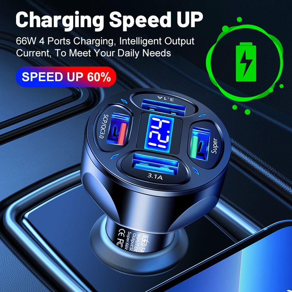 【SUFA】66W 4USB Car Charger Adapter LED Display QC 3.0 Fast Charging ...