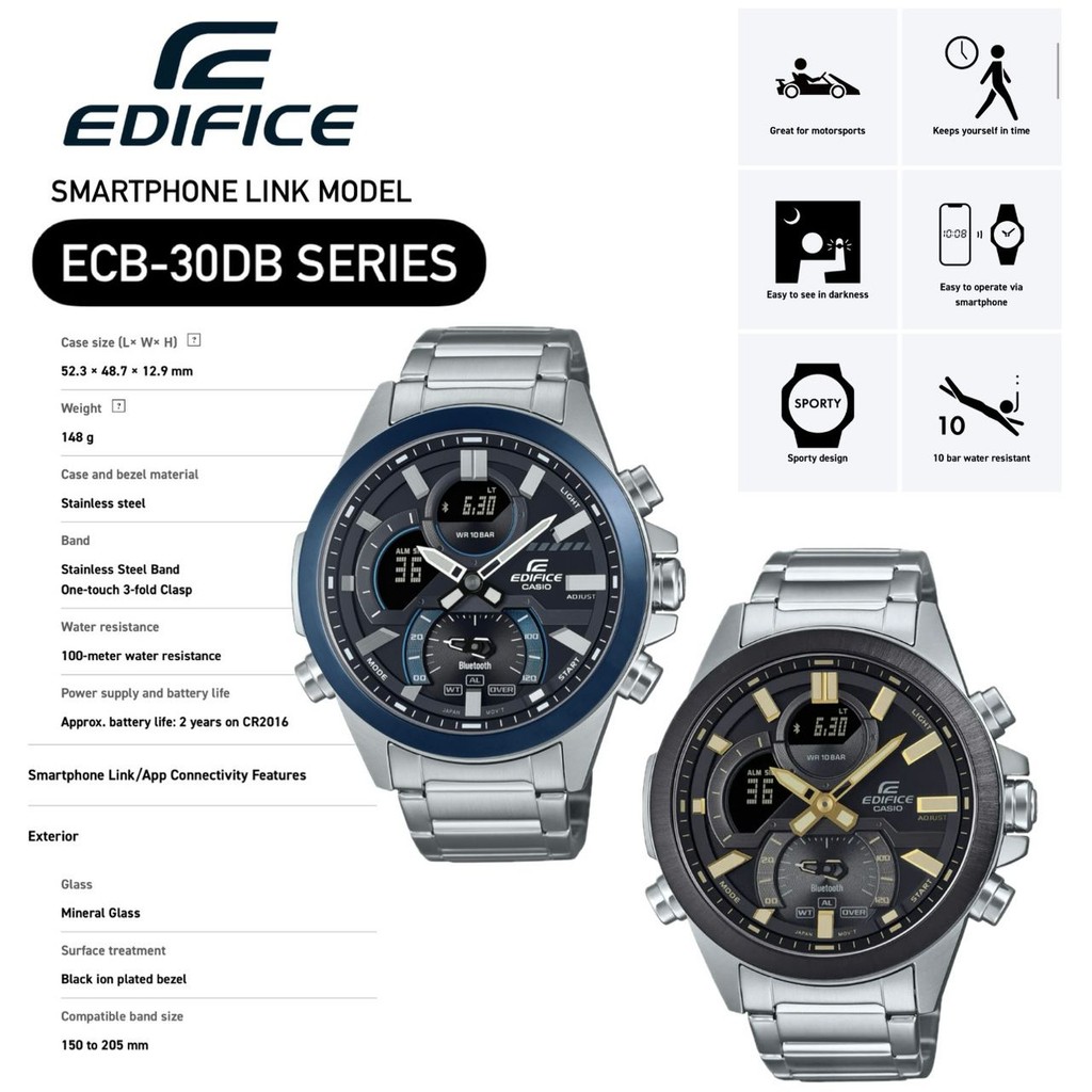 [OFFICIAL CASIO WARRANTY] EDIFICE ECB-30DB-1A / ECB-30DB-1A9 BLUETOOTH LINK ALNADIGIT MEN WATCH ...