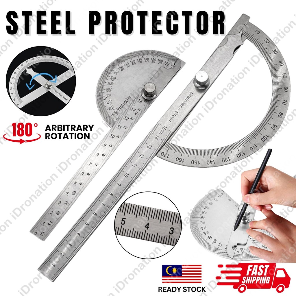 180 Degree Protractor Stainless Steel Metal Ruler Angle Meter Gauge ...