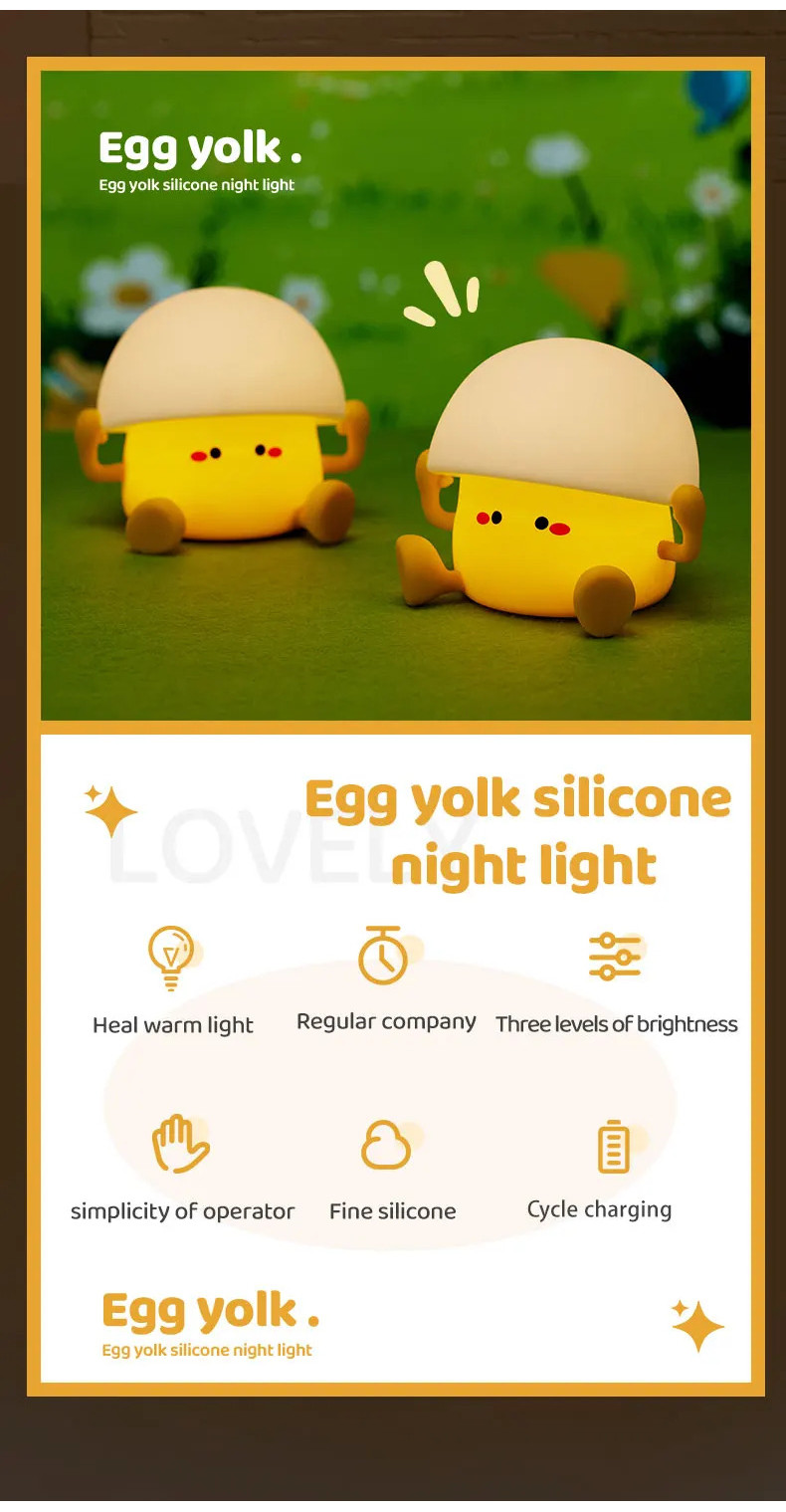 Egg Yolk silicone nightlight Cute Tap Control LED Lamp Fun Design for ...