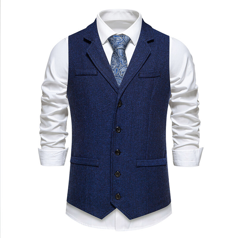 【vest】Men's Herringbone Woolen Suit Vest Retro Lapel Single Breasted ...
