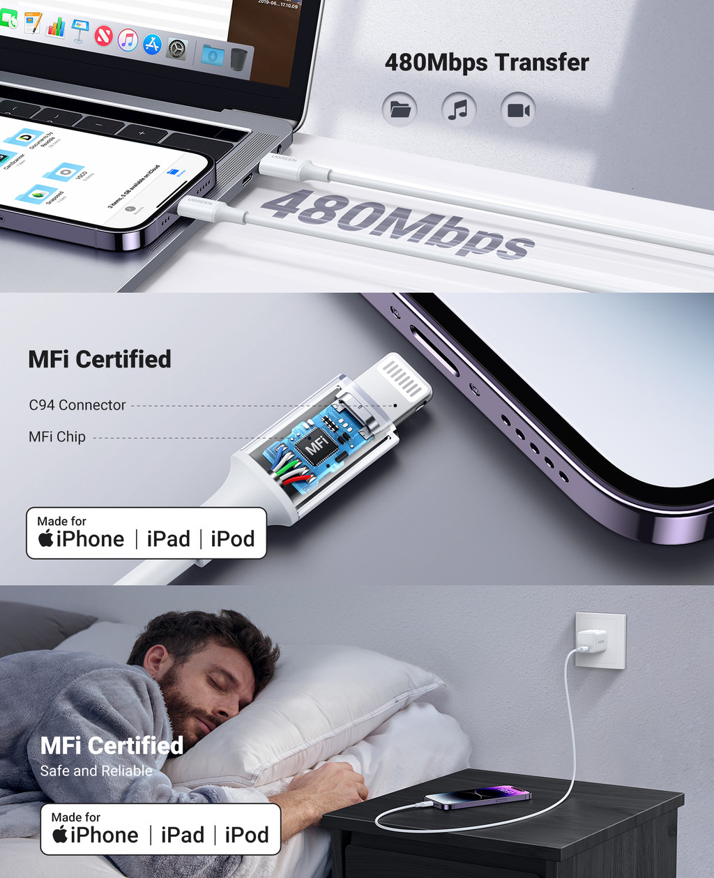 UGREEN MFi PD 60W USB C To Lightning Cable Fast Charging Type C Fast Charge Data Transfer Apple ...