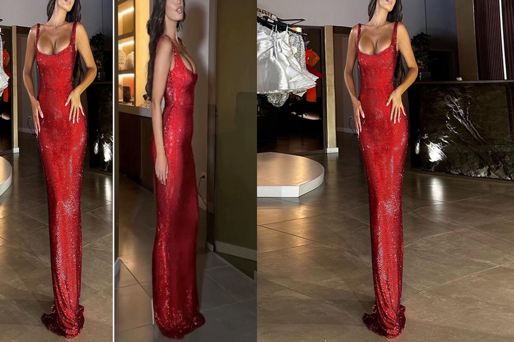 Sexy Low Collar Dress Slim-fitting Red Dress Sparkling Sequin Evening ...