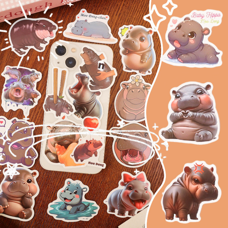 50Pcs Cartoon Moo Deng Stickers Set - Diy Handmade Material Toy Sticker ...