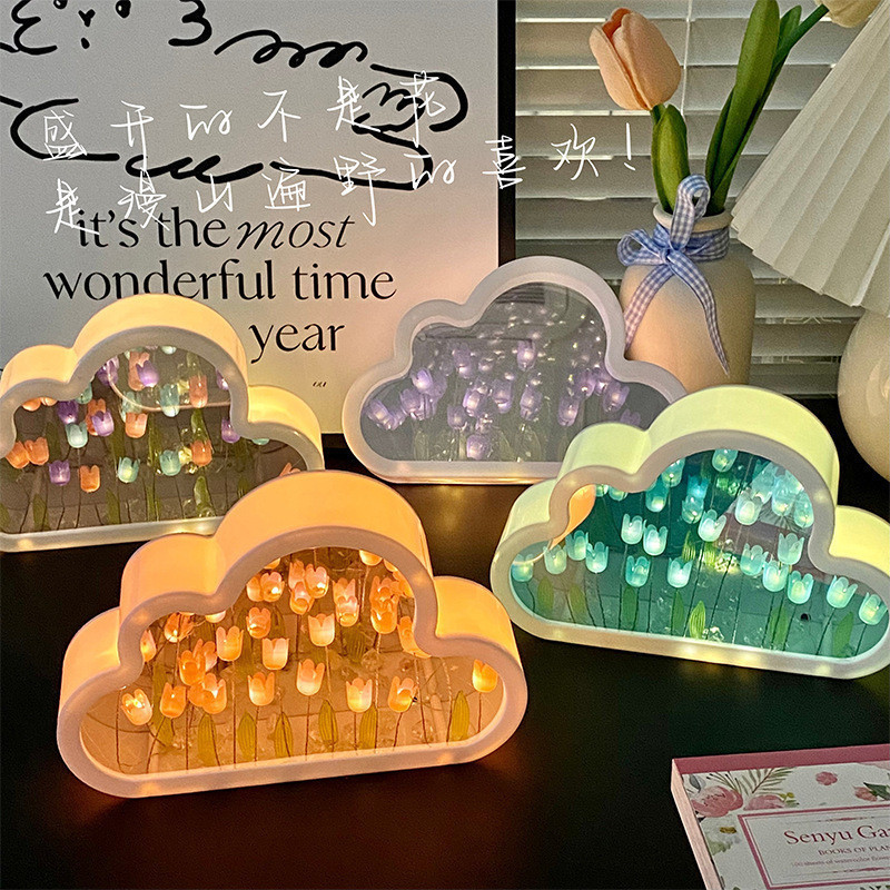 DIY Tulip Mirror Cube Lamp Simulation Flower Bedroom Sleeping Table Lamp Handmade Craft Tulips ...