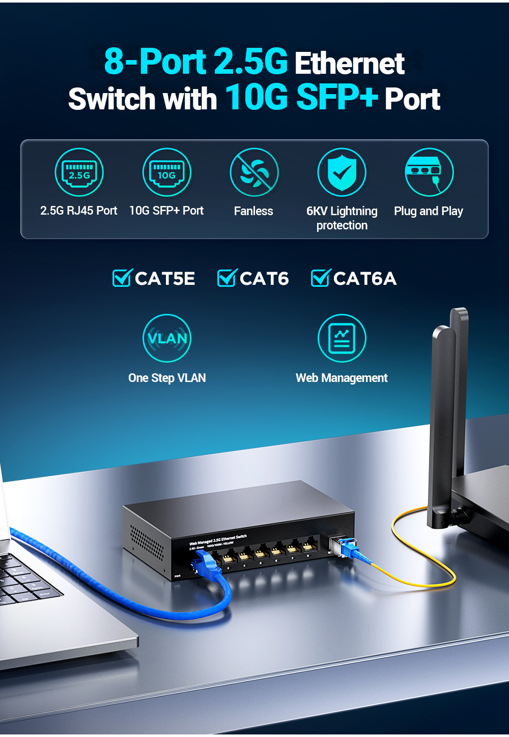 AMPCOM 2.5GbE Managed Switch 8 Port 2.5GBASE-T Network Switcher 10G ...