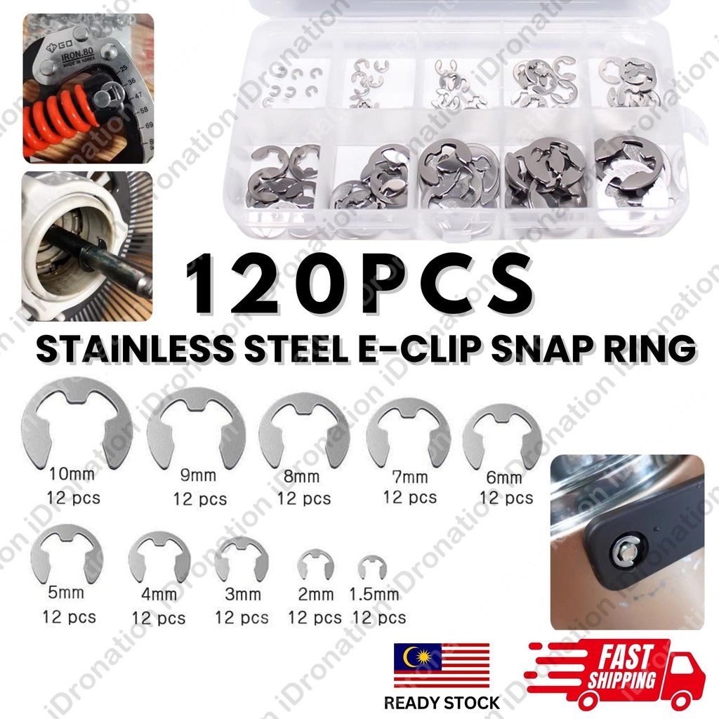 120PCS E-Clip Snap Ring Set Stainless Steel Retaining Ring Washer ...