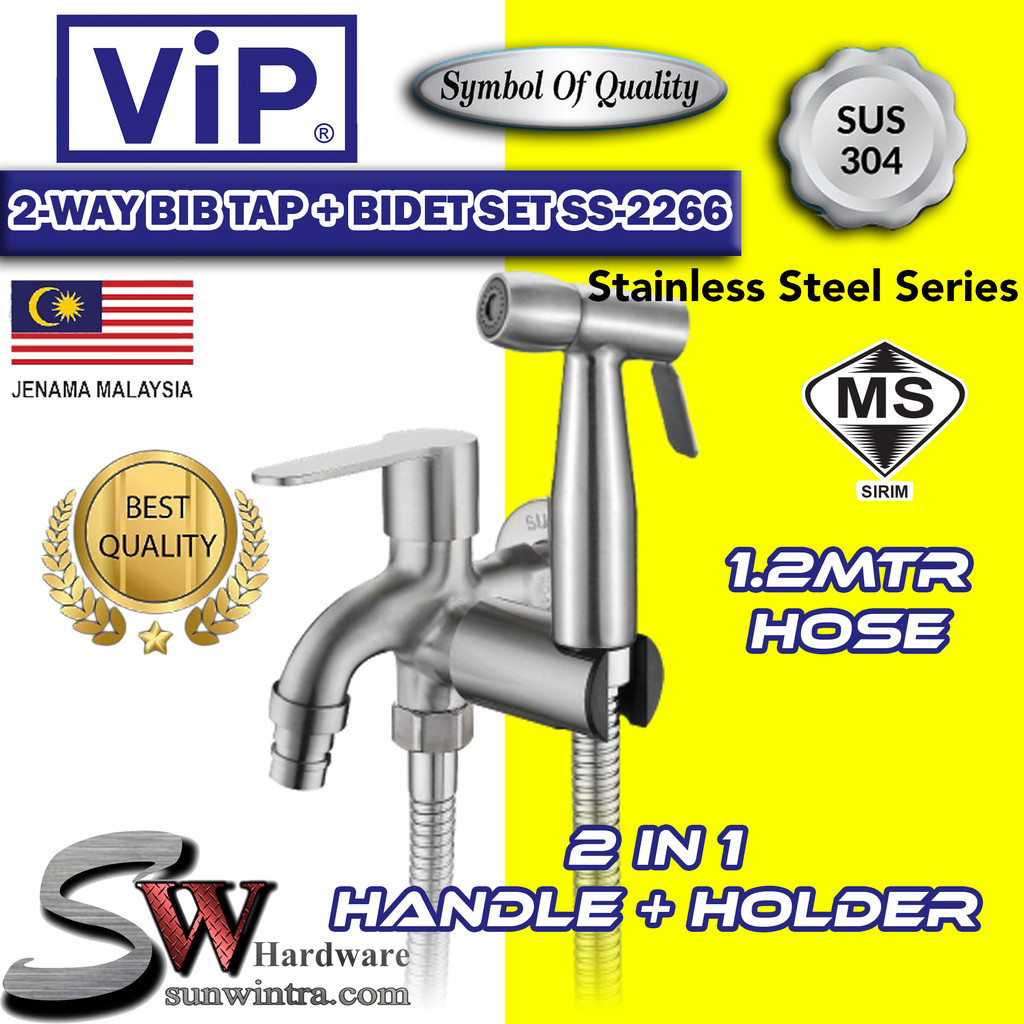 VIP SUS304 STAINLESS STEEL HAND BIDET + ANGLE VALVE SET SS-2266 SS2266 2 IN 1 HANDLE + HOLDER ...