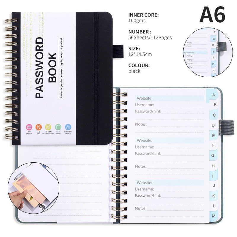 Spiral Password Keeper Book + Colorful Alphabetical Tabs & Pen Holder ...