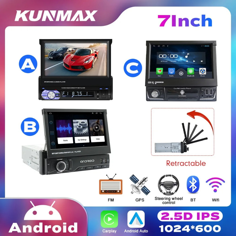 1Din Android 7" IPS GPS Navigation Universal Retractable Screen Car Radio Multimedia Video ...