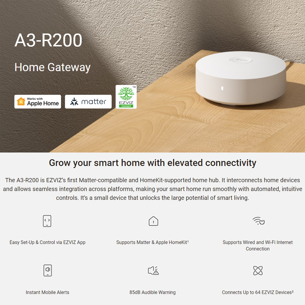 EZVIZ A3-R200 Smart Home Gateway Works with T1C PIR Sensor T2C OPEN ...