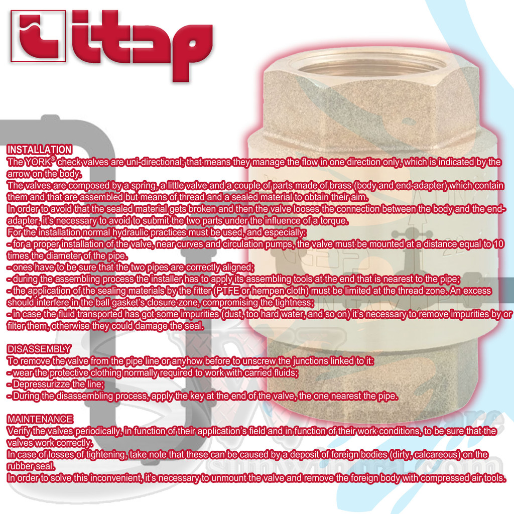 ITAP YORK BRASS CHECK VALVE #103 1/2 Inch ~ 2 Inch (3 Inch / 4 Inch ...