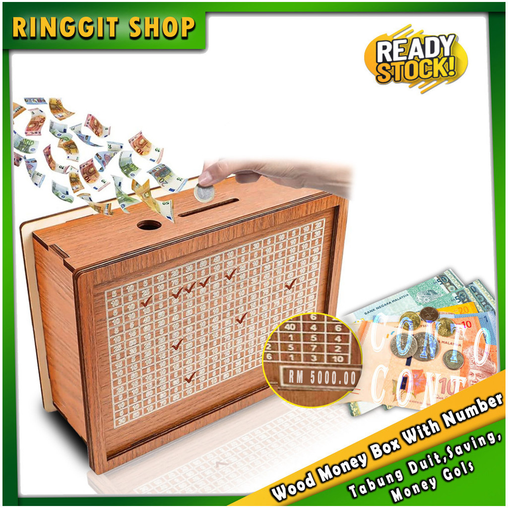 Ringgit Shop Wood Money Box with number on the box, Tabung Duit, Saving ...