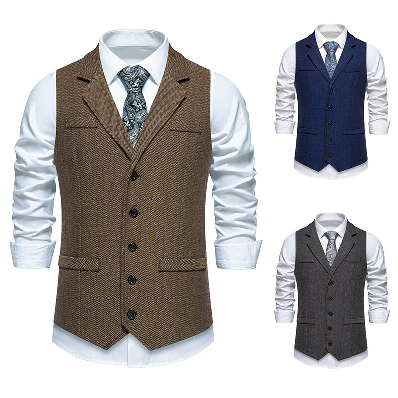 【vest】Men's Herringbone Woolen Suit Vest Retro Lapel Single Breasted ...