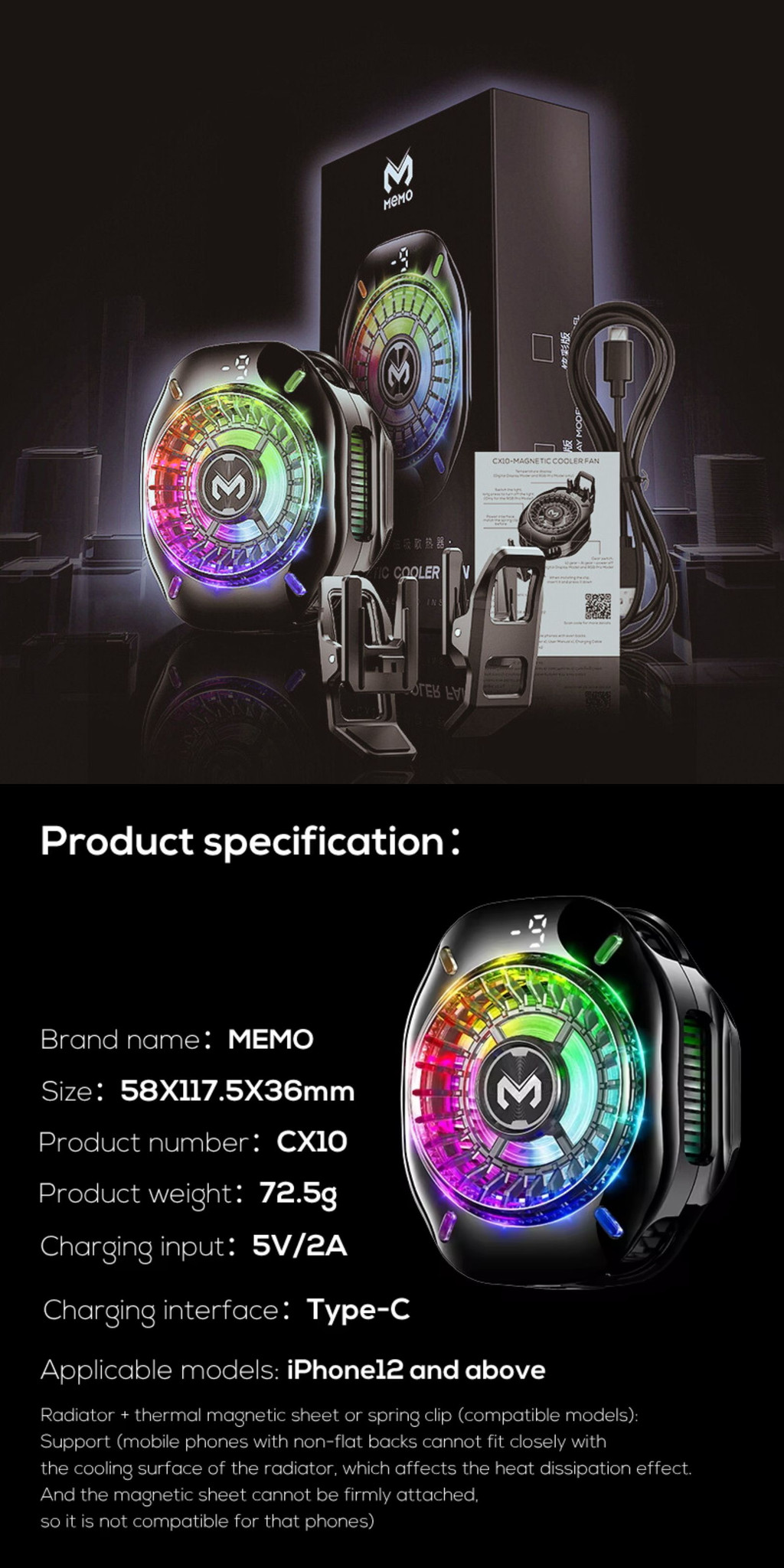 MEMO CX10 New 2025 Phone Cooler with RGB Lights Digital Display ...