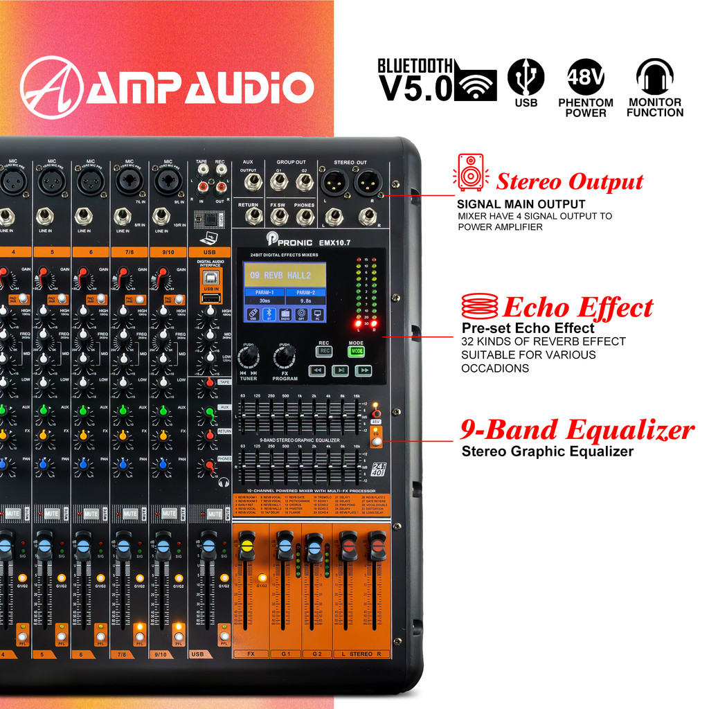 PRONIC 10 Channel Power Mixer 750W x4 with Bluetooth & Subwoofer Output ...
