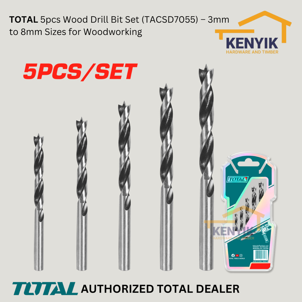 TOTAL 5pcs Wood Drill Bit Set (TACSD7055) – 3mm to 8mm Sizes for ...