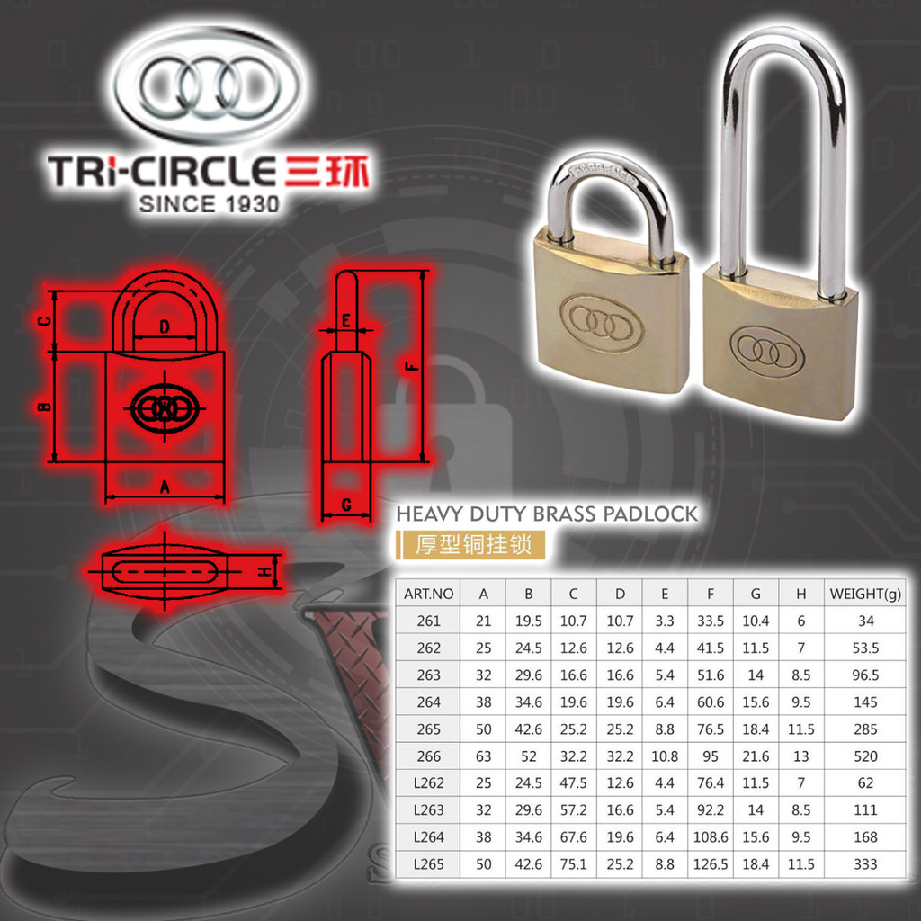 [100% ORIGINAL] TRI-CIRCLE HEAVY DUTY BRASS PADLOCK (STANDARD/LONG ...