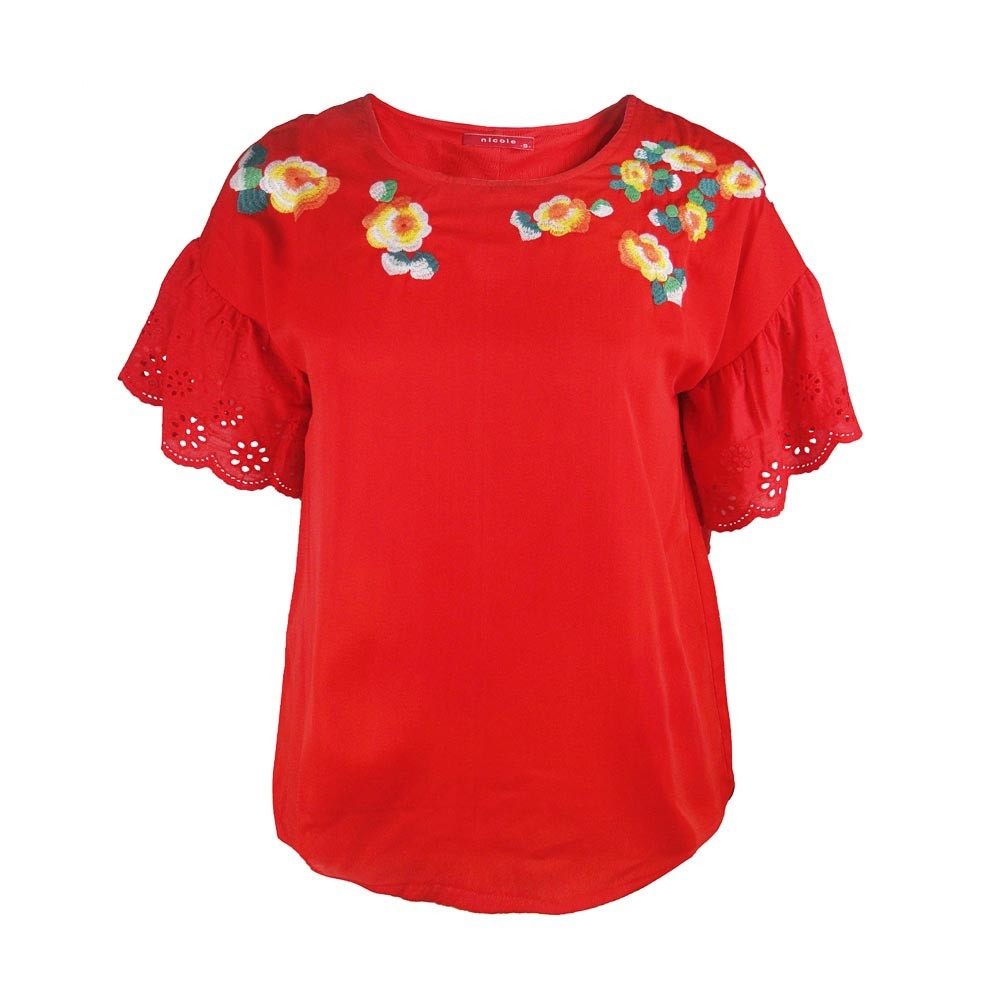 nicole Red Embroidered Blouses / Round Neckline Puff Sleeve Blouse ...