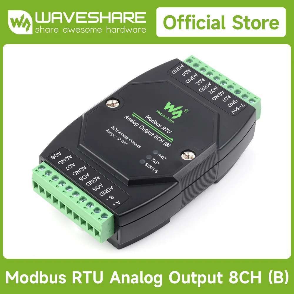 Waveshare Industrial 8-Ch Modbus RTU Analog Output Module, 12-bit DA Conversion, 8-ch ...